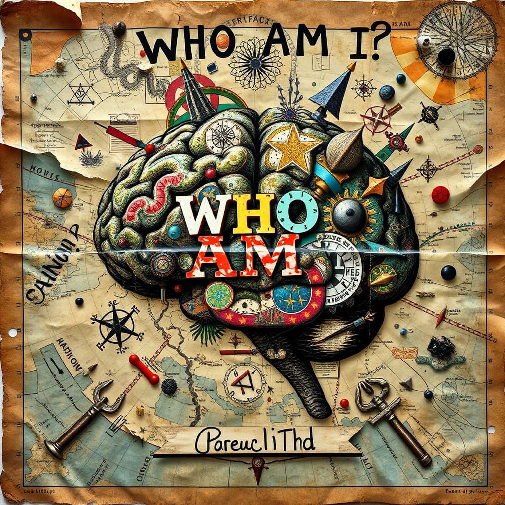 Who Am I? - Surreal Mind Map in Vibrant, Fragmented Collage