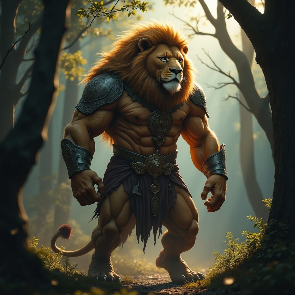 Majestic Lion-Human Hybrid Stands Tall in Dense Fo... - AI Art