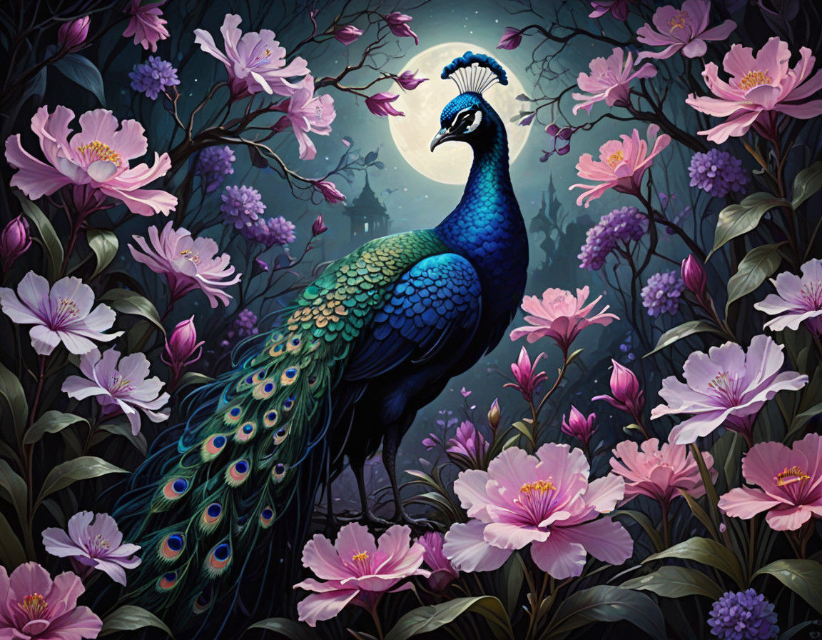 Peacock in the moonlight - Surreal Byzantium Garden Scene at...