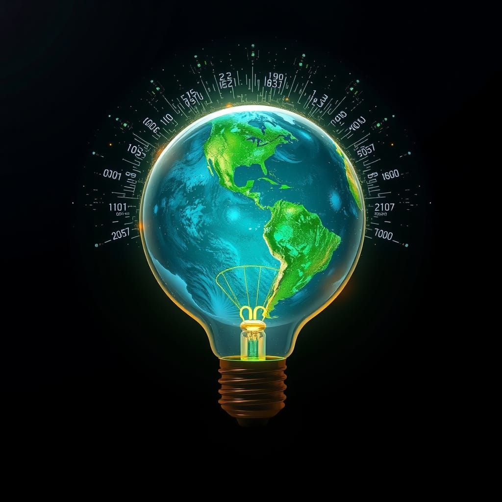 Glowing Earth Light Bulb Amidst Digital Code Parti... - AI Art