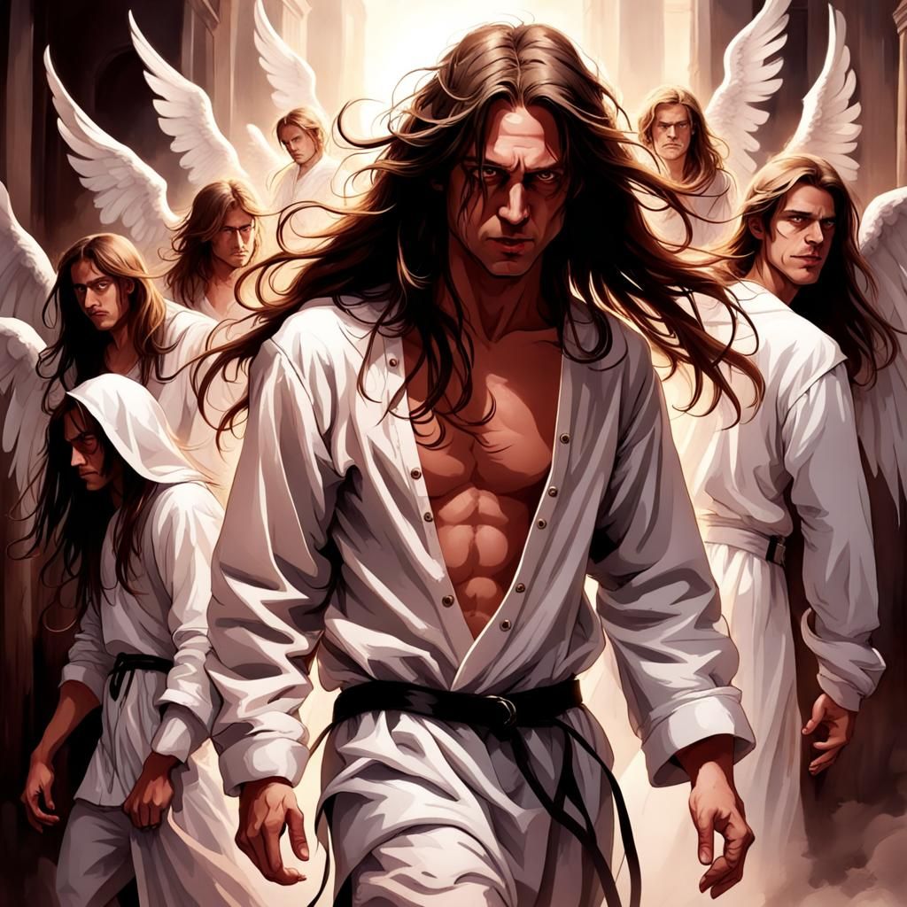 Angels And Demons Following A Young Man With Long Hair And A