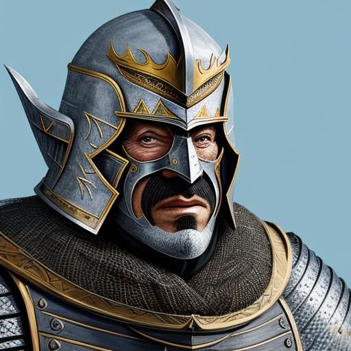 close-up caricature of a monty python Knight character with exaggerated ...