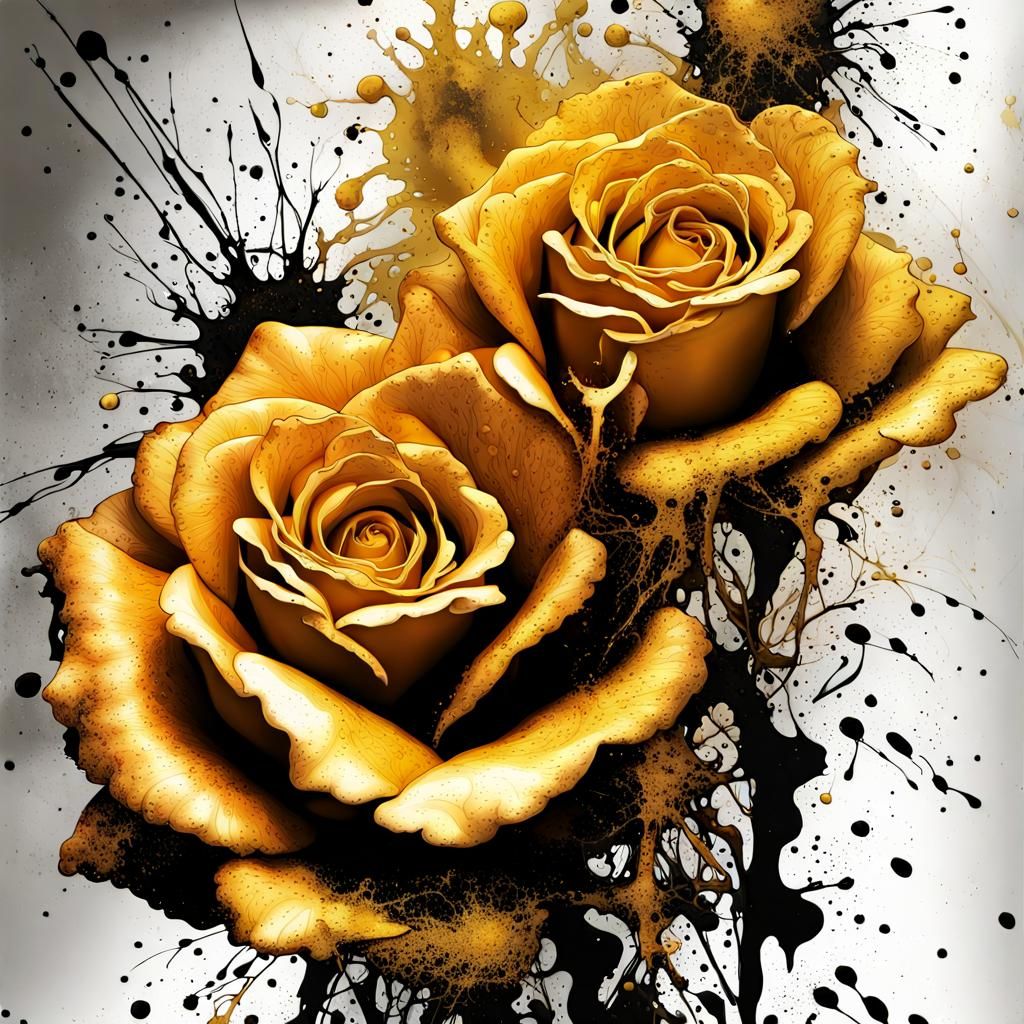 Golden Roses Ink Splatter - AI Generated Artwork - NightCafe Creator