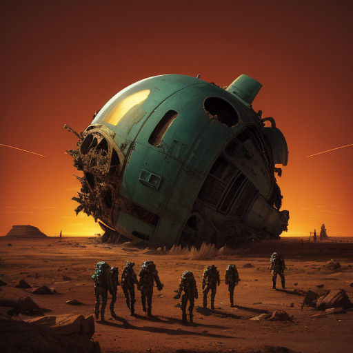 Futuristic Settlers Emerge from Crashed UFO on Dis... - AI Art