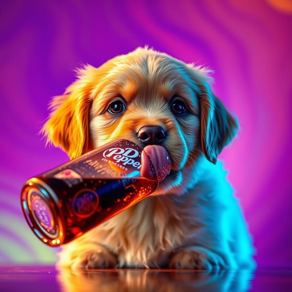 Golden Retriever Puppy in Whimsical Dr Pepper Scen... - AI Art