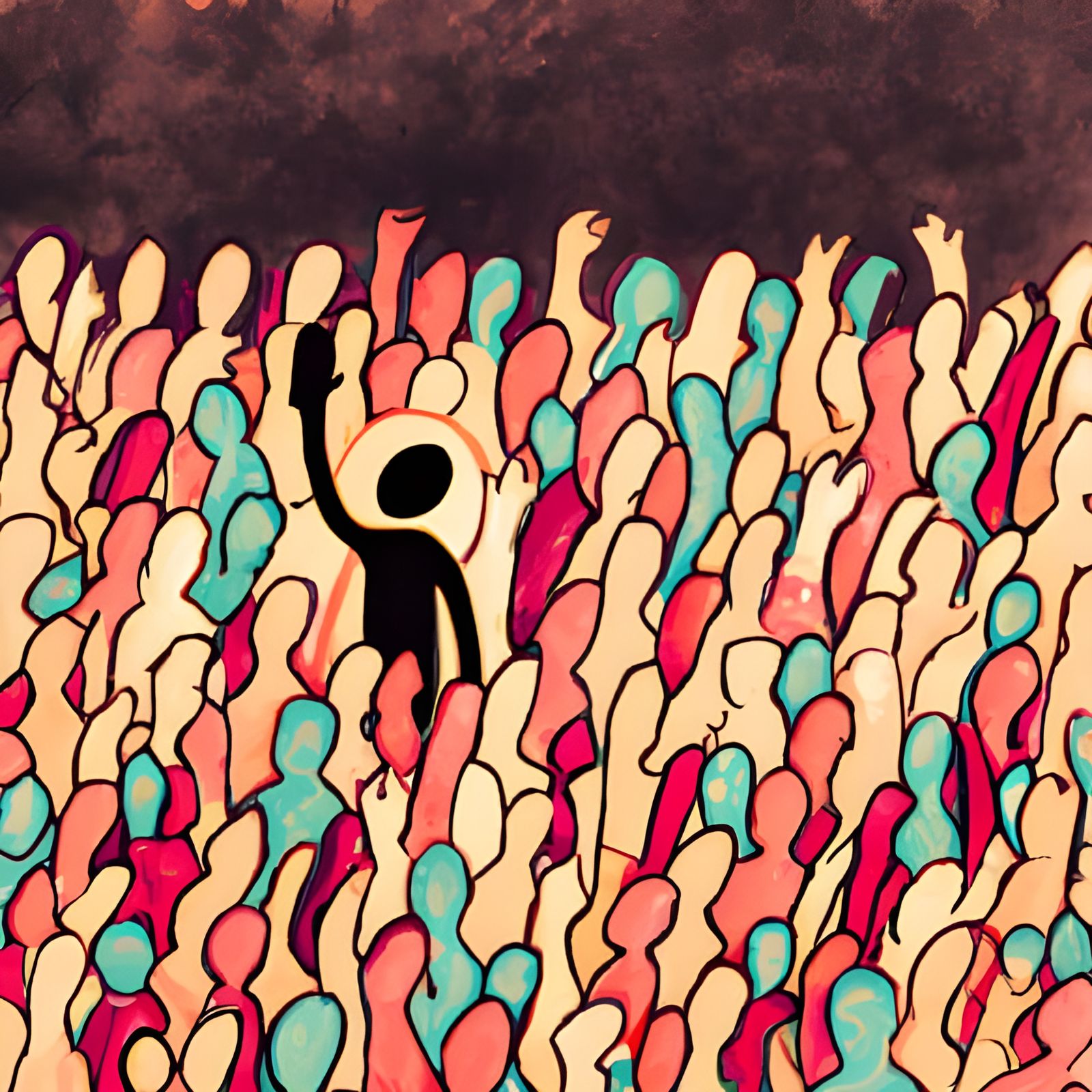 Crowd with one person, only that one person, with hand up in style of ...