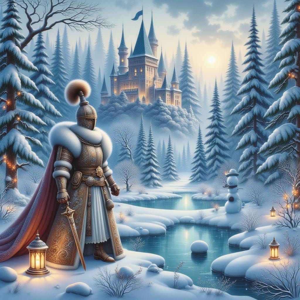 a winter kingdom with Knights guarding the castle