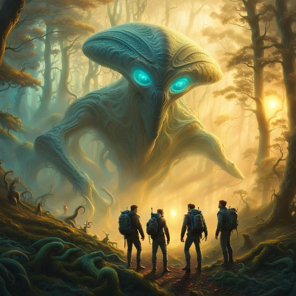 Whimsical Aliens Clash in Enchanted Woodscape, a 4... - AI Art