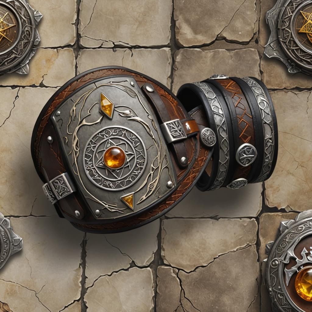 a pair of dark leather bracers with magical runes set in platinum ...