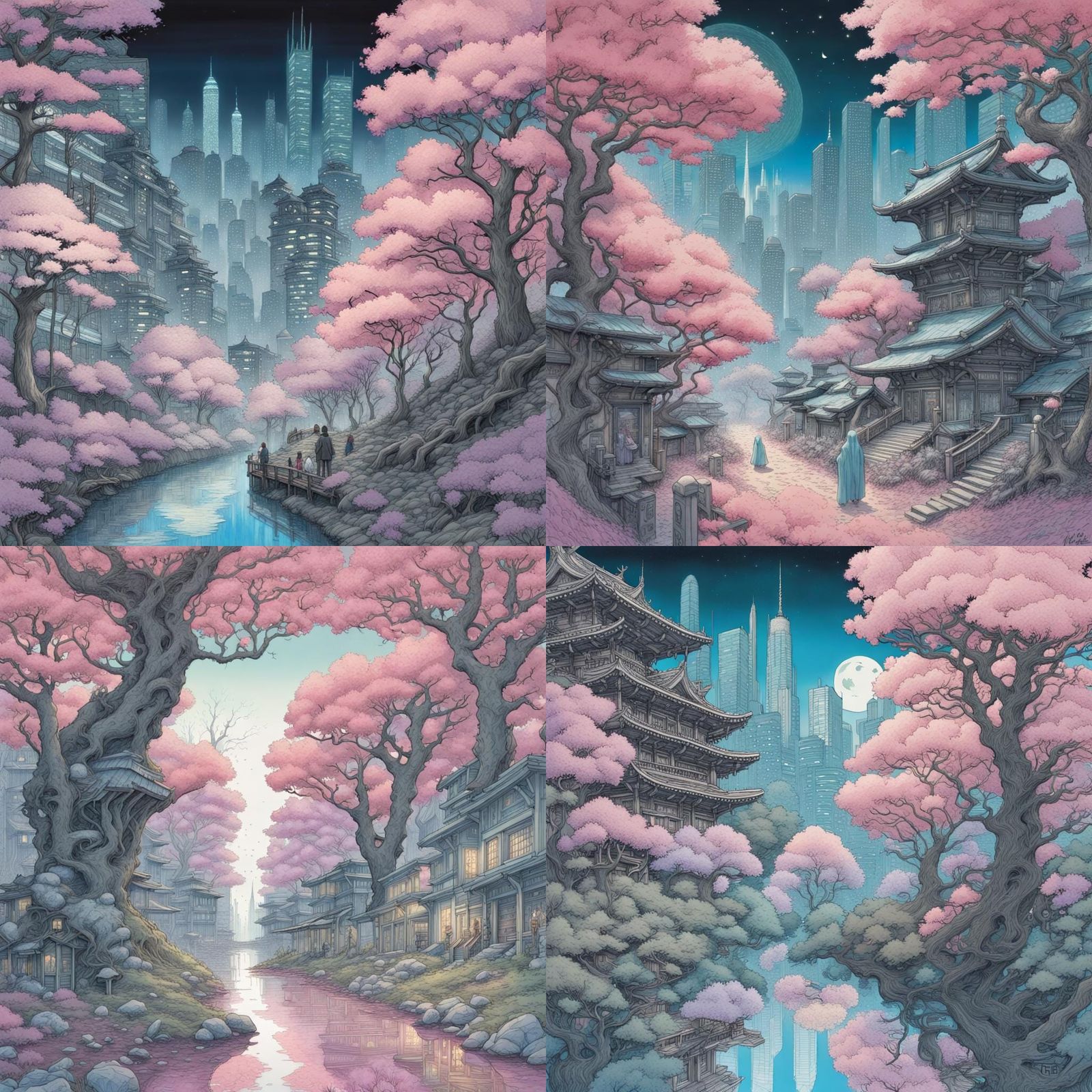 ( ghostly nanopunk ghosts in a midnight nanopunk Sakura forest; ghostly ...