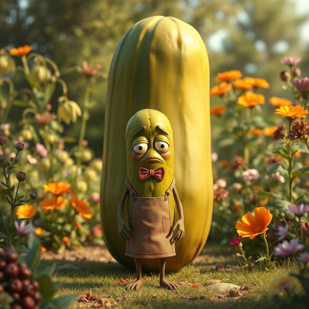 Whimsical Pickle Encounter in Sunny Garden - AI Art