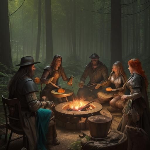 Five medieval fantasy outlaws in a clearing in a forest. They are ...