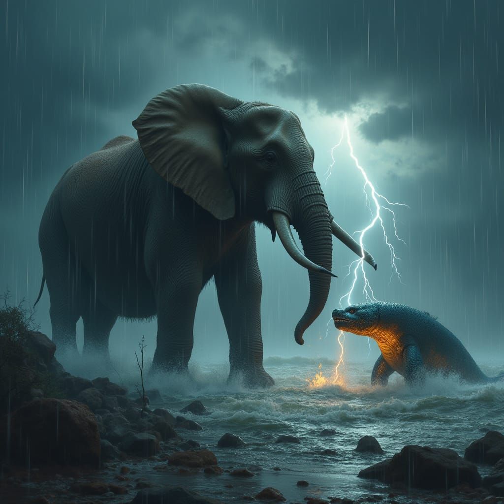 Elephant and Electric Eel Face-Off by Stormy River - AI Art