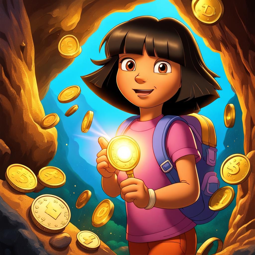 Dora the Explorer with a flashlight in a cave full of gold coins strewn ...
