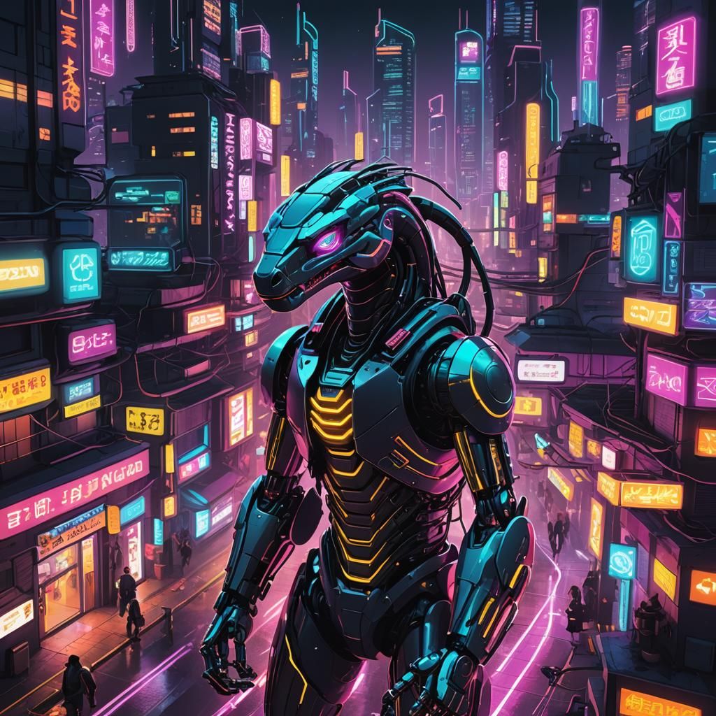 Robotic python winding through a futuristic cityscape with neon lights ...
