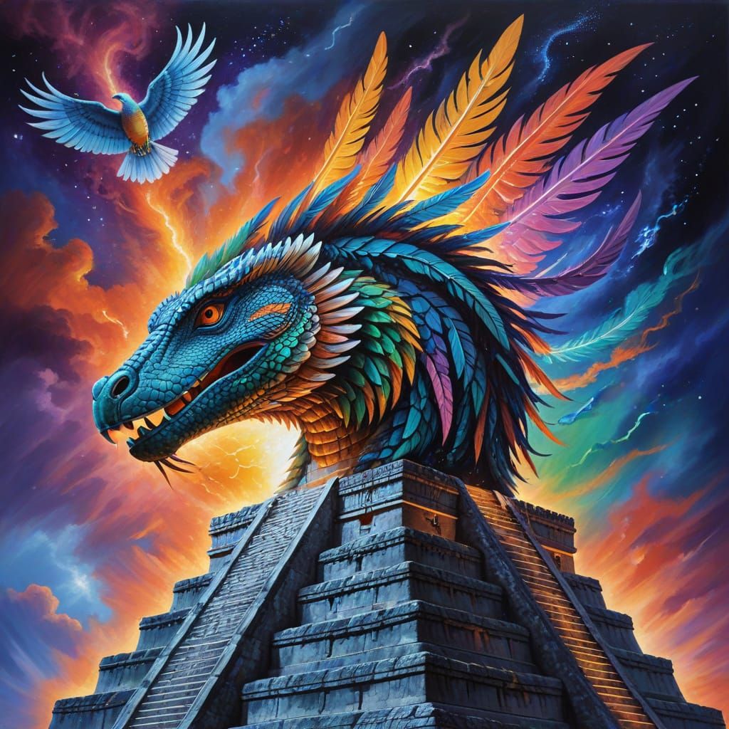Kukulkan, feathered snake in bright astral colours coming down from the ...