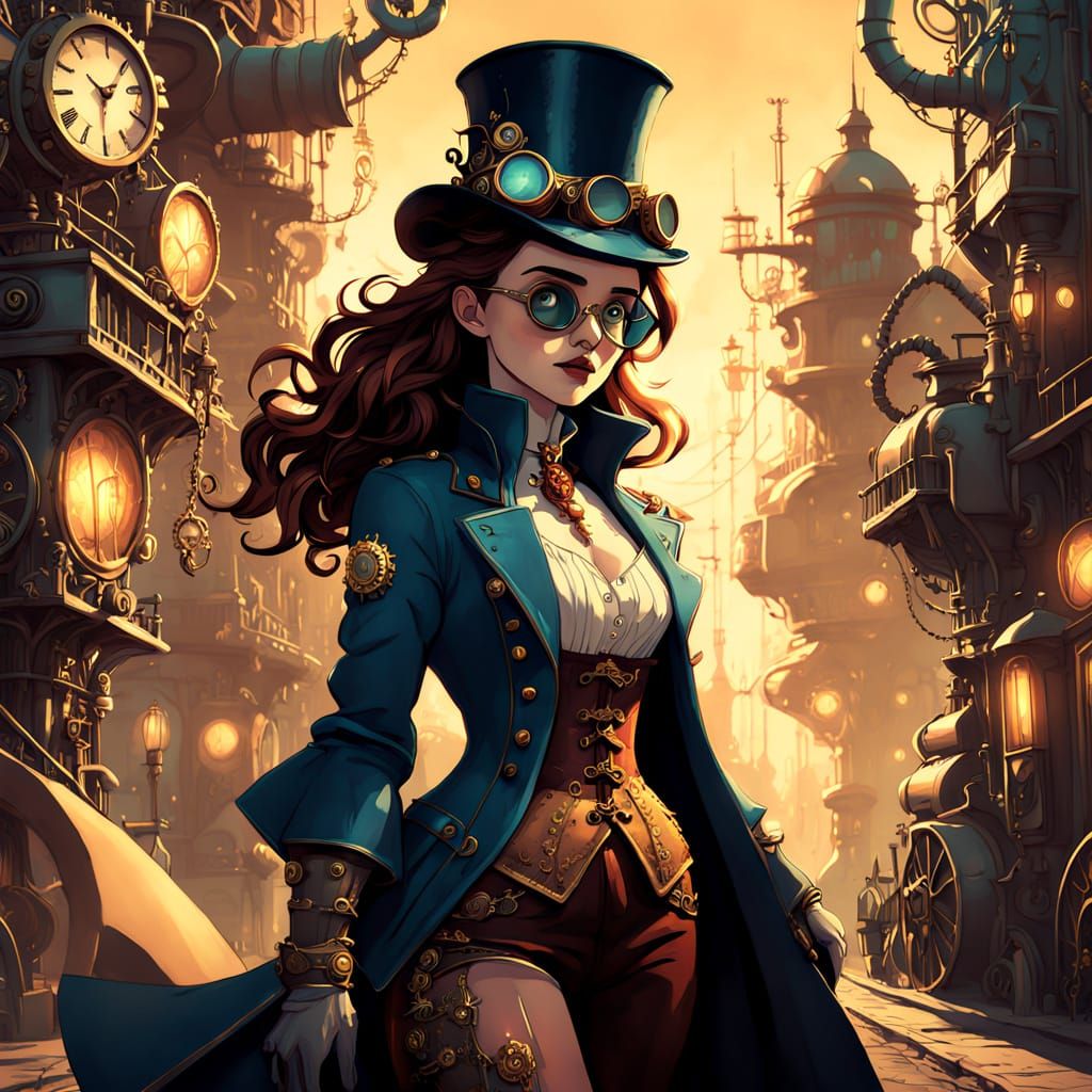 Victorian Steampunk Fantasy Character Walks with W... - AI Art
