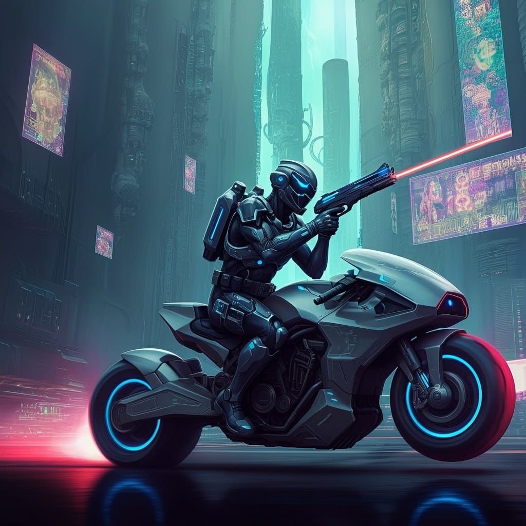 Cyberpunk Ranger Speeds Through Alien City on High... - AI Art