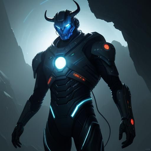 Space Minotaur Man - Cyberpunk Minotaur in Nebula Landscape