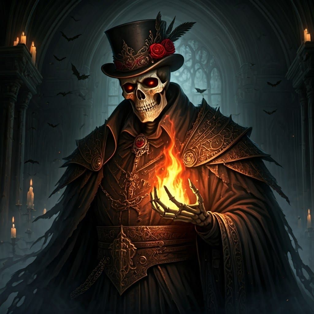 Gothic Horror Skeleton Mage in Victorian Robes wit... - AI Art