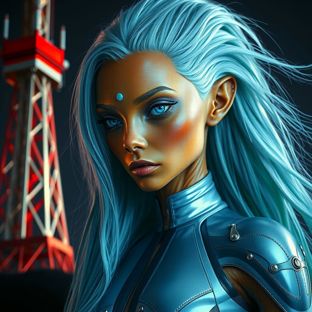 Ethereal Alien Beauty in Metallic Blue Attire - AI Art