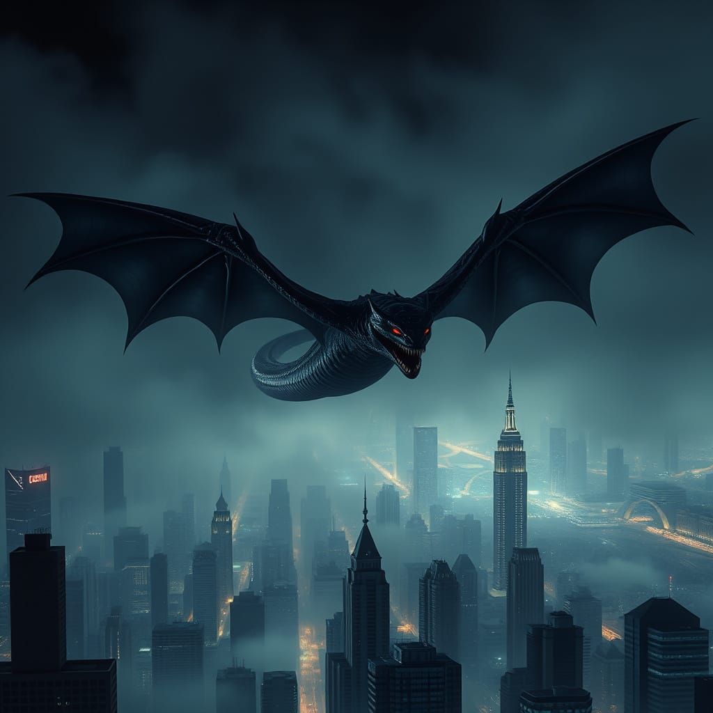 Dark Gothic Creature Soars Above City Skyscrapers - AI Art