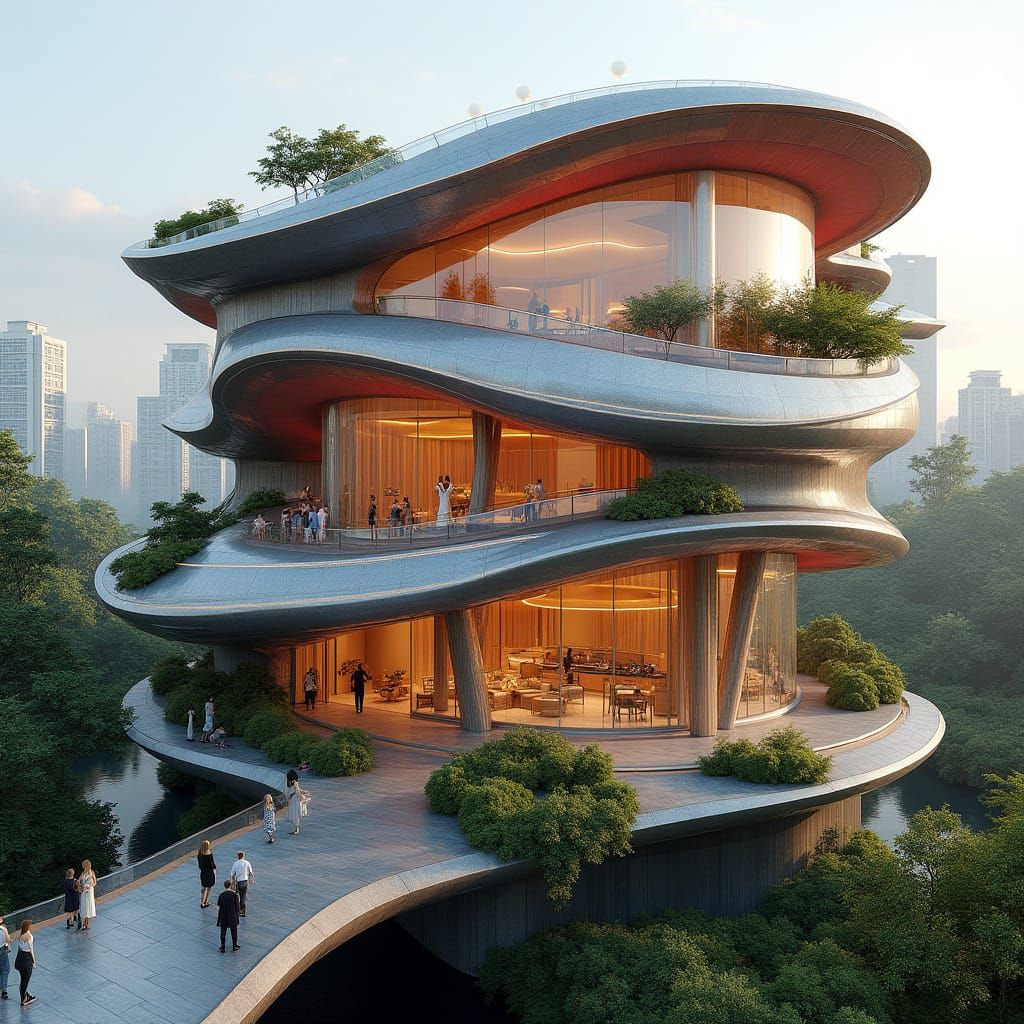 Organic Flower-Shaped Building in Modernist Style - AI Art