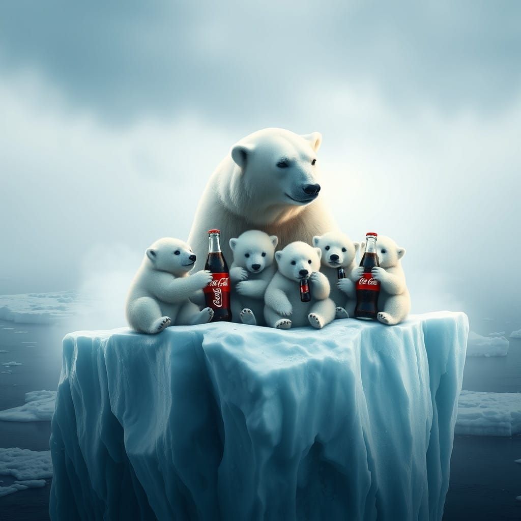 Polar Bear Family Savoring Coca Cola on an Iceberg... - AI Art