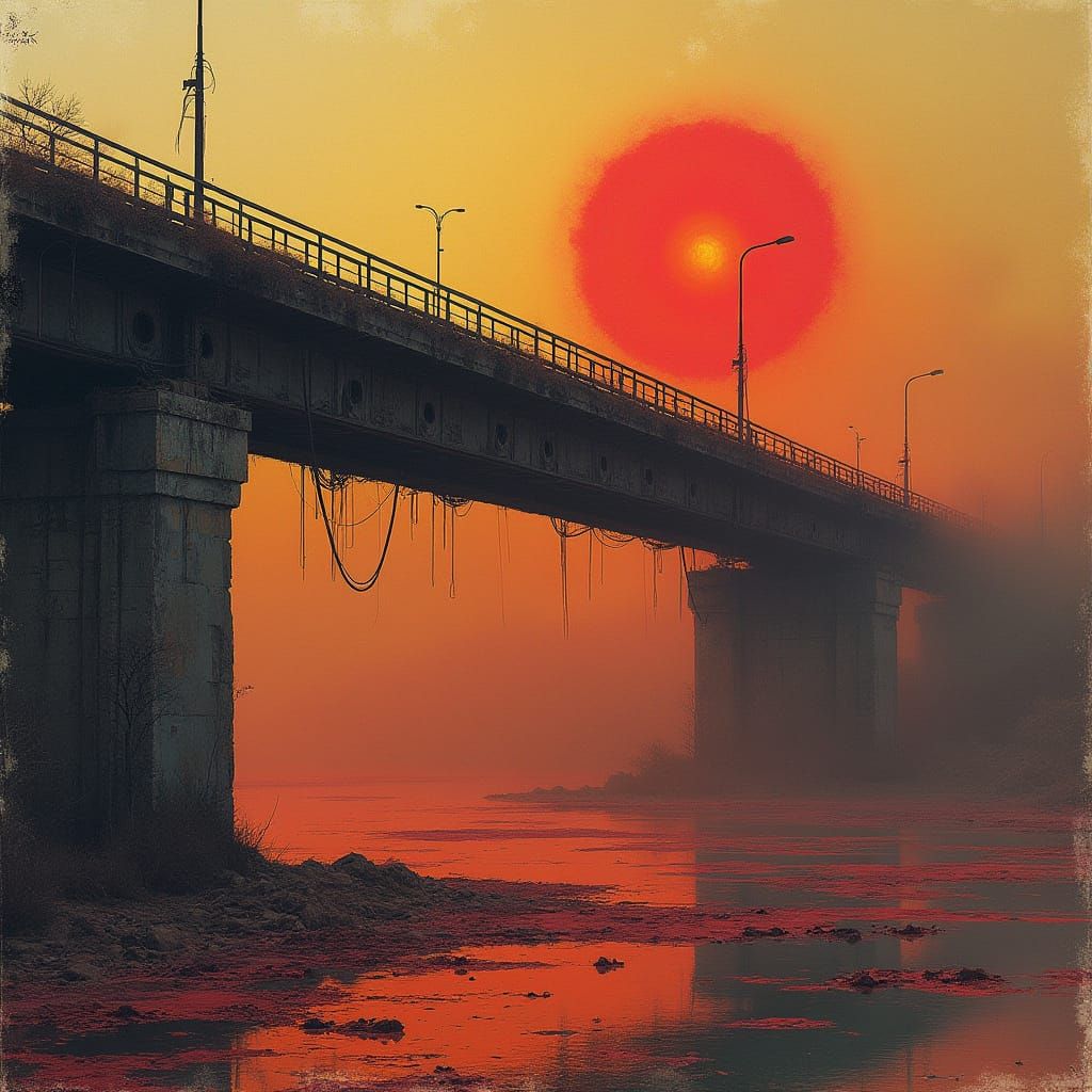 Surreal Bridge Amidst Bloody Heat and Distorted Sh... - AI Art
