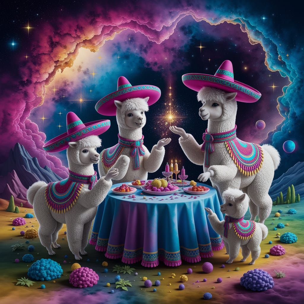 A family of fluffy alpacas, adorned in colorful sombreros and ponchos ...