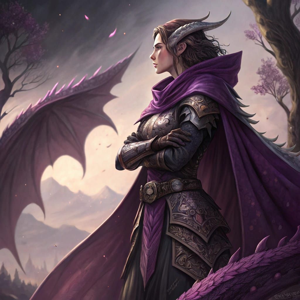 Stoic Orchid Dragon Warrior in Dark Majesty - AI Art