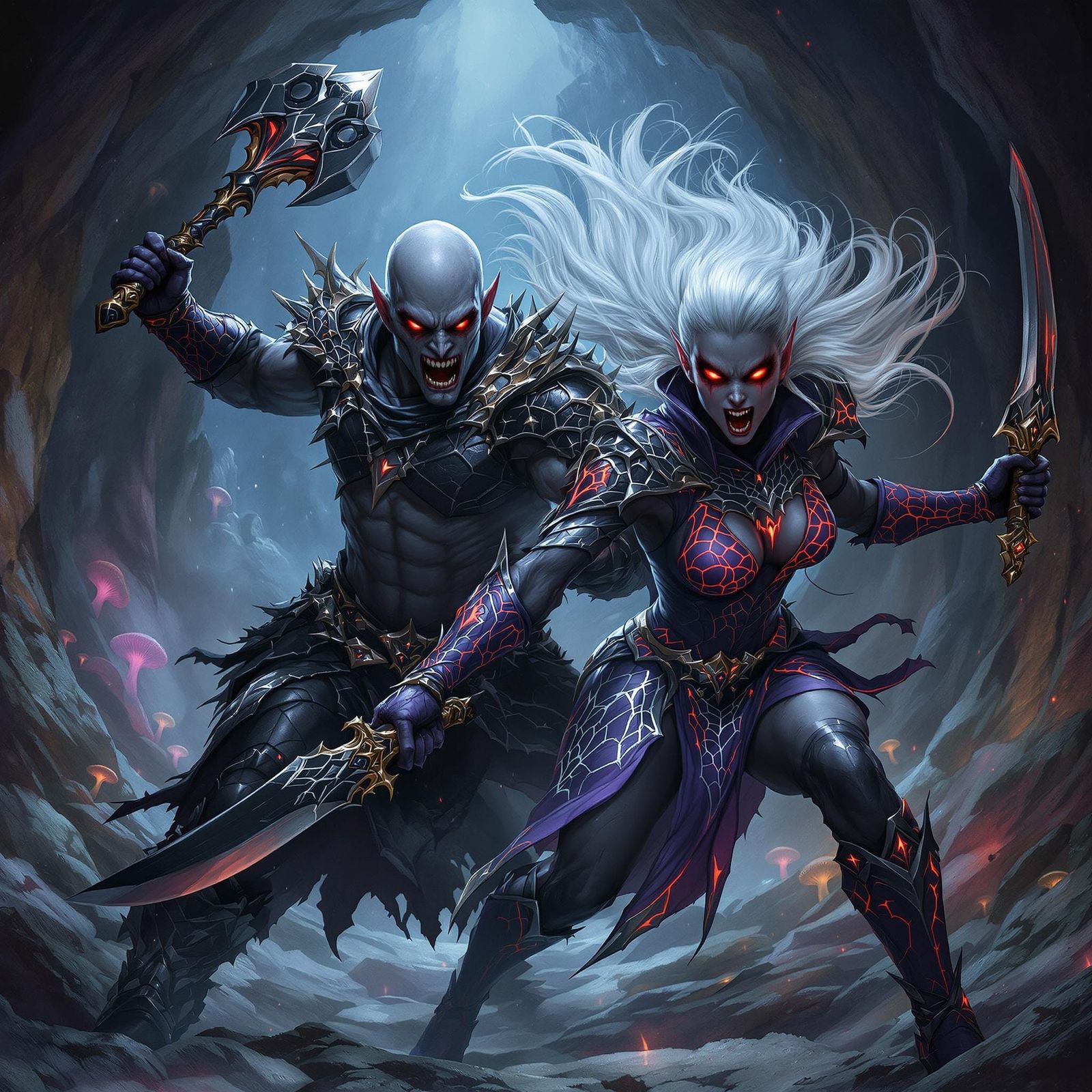 Dark grey-skinned muscular DROW elf male warrior with short, white ...