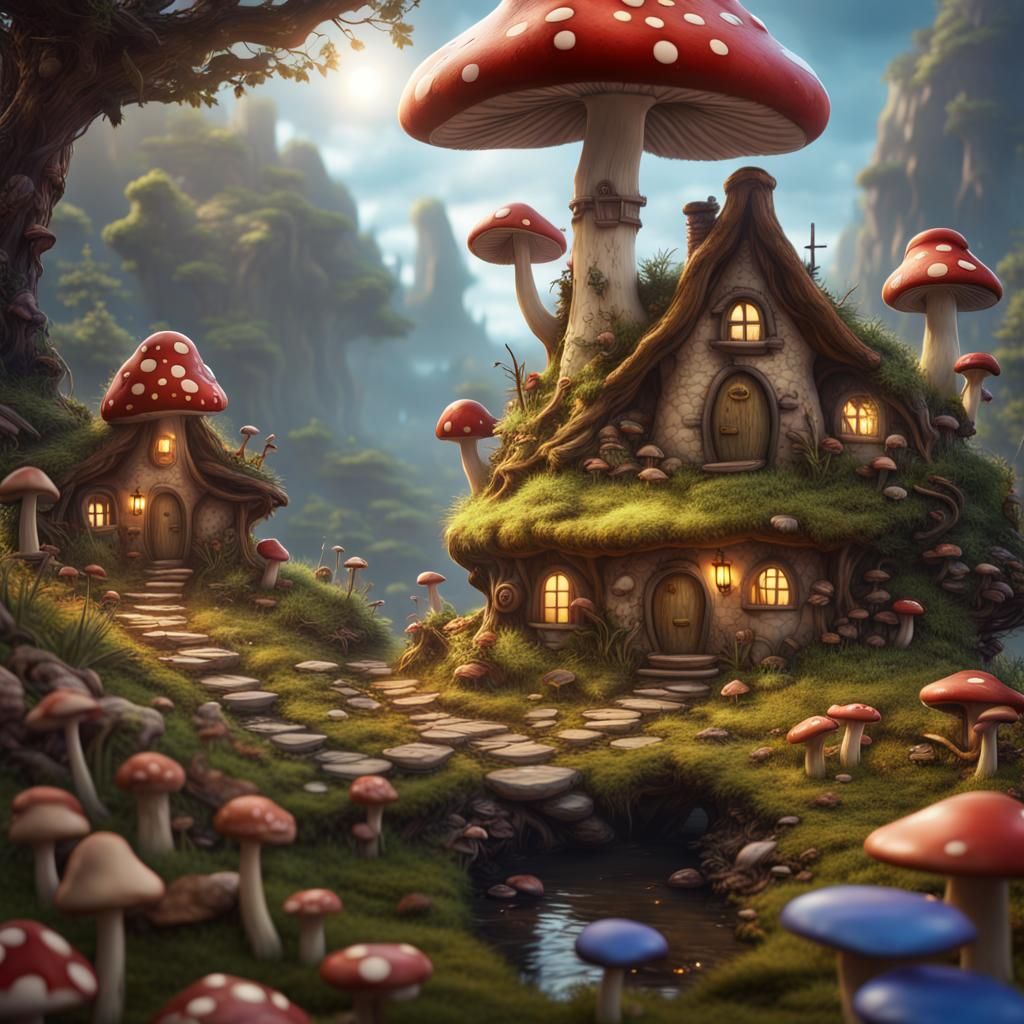 toadstool village with different kinds of mushrooms - AI Generated Artwork - NightCafe Creator