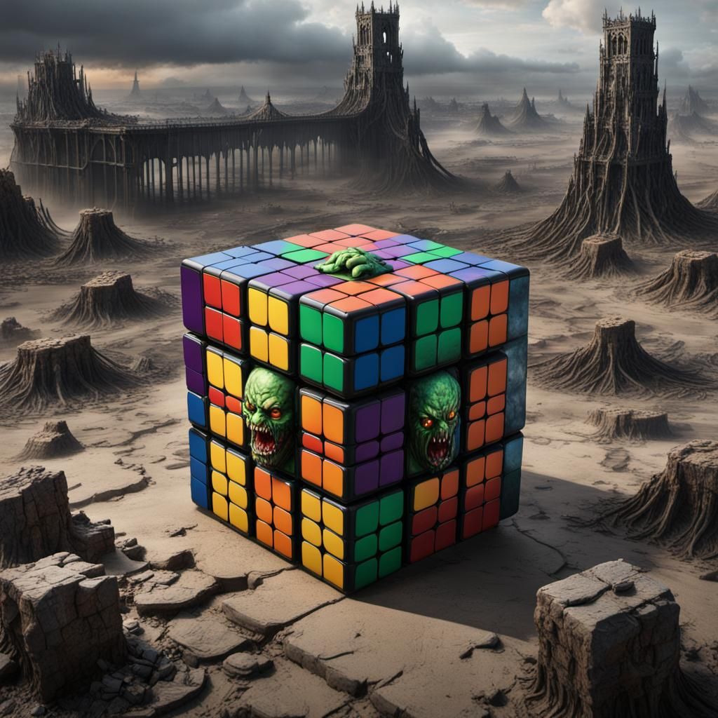 Rubik's Apocalypse - Cyberpunk Apocalypse Scene with Dystopi...
