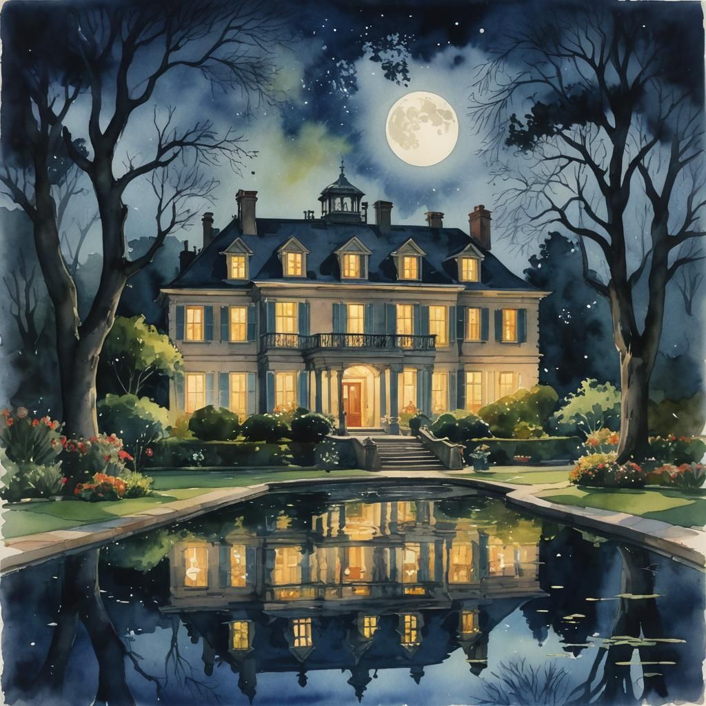 Mansion, moonlight reflecting off pool - AI Generated Artwork ...