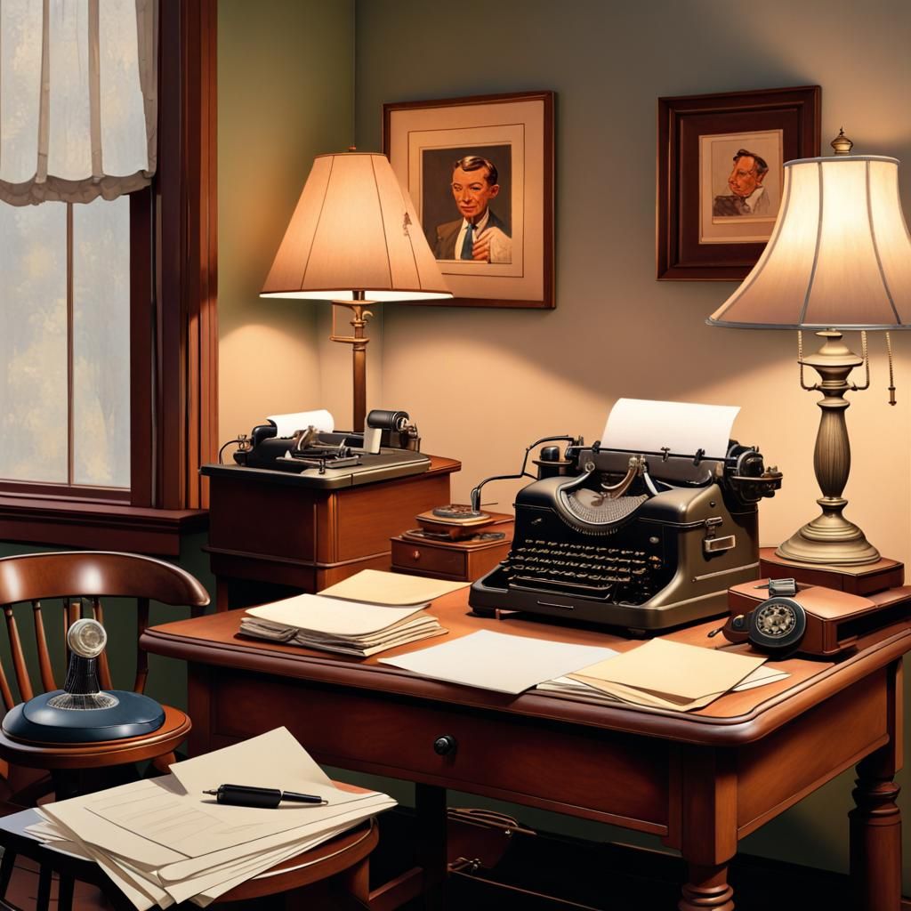 art by Norman Rockwell, Edward Hopper, cozy vintage study room ...