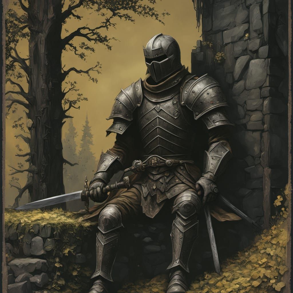 Exhausted Knight at Cave Entrance in Dark Fantasy ... - AI Art