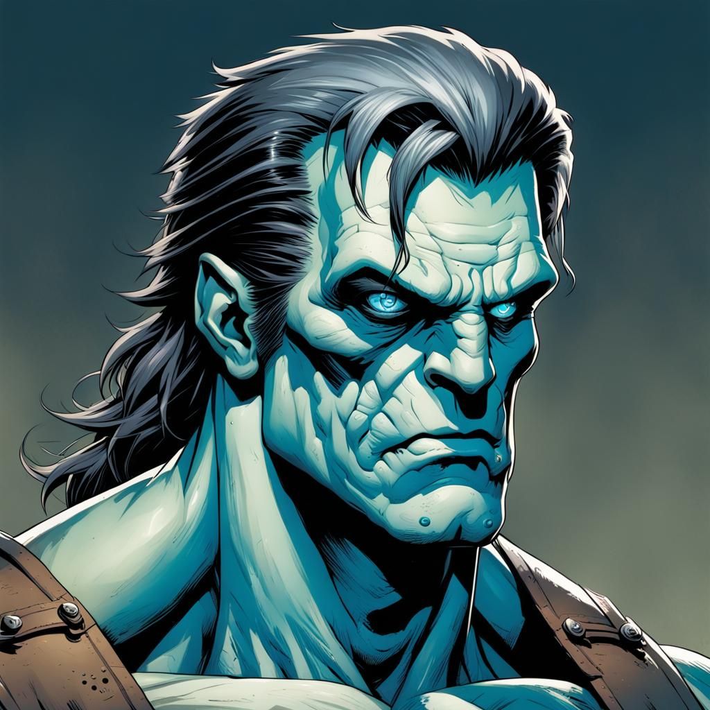 beautiful faced Frankenstein, pale skin, ashen long messy hair, blue ...