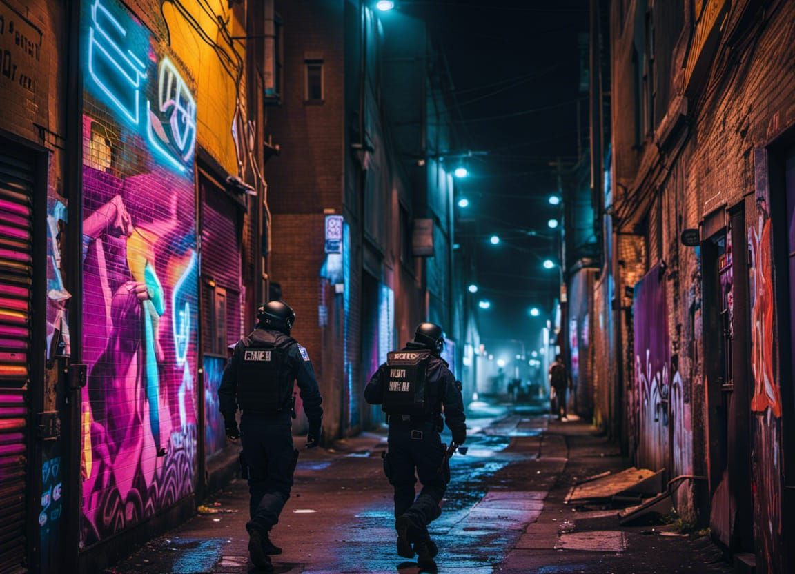 gritty cinematic cyberpunk street art capturing tense chase ultimate ...