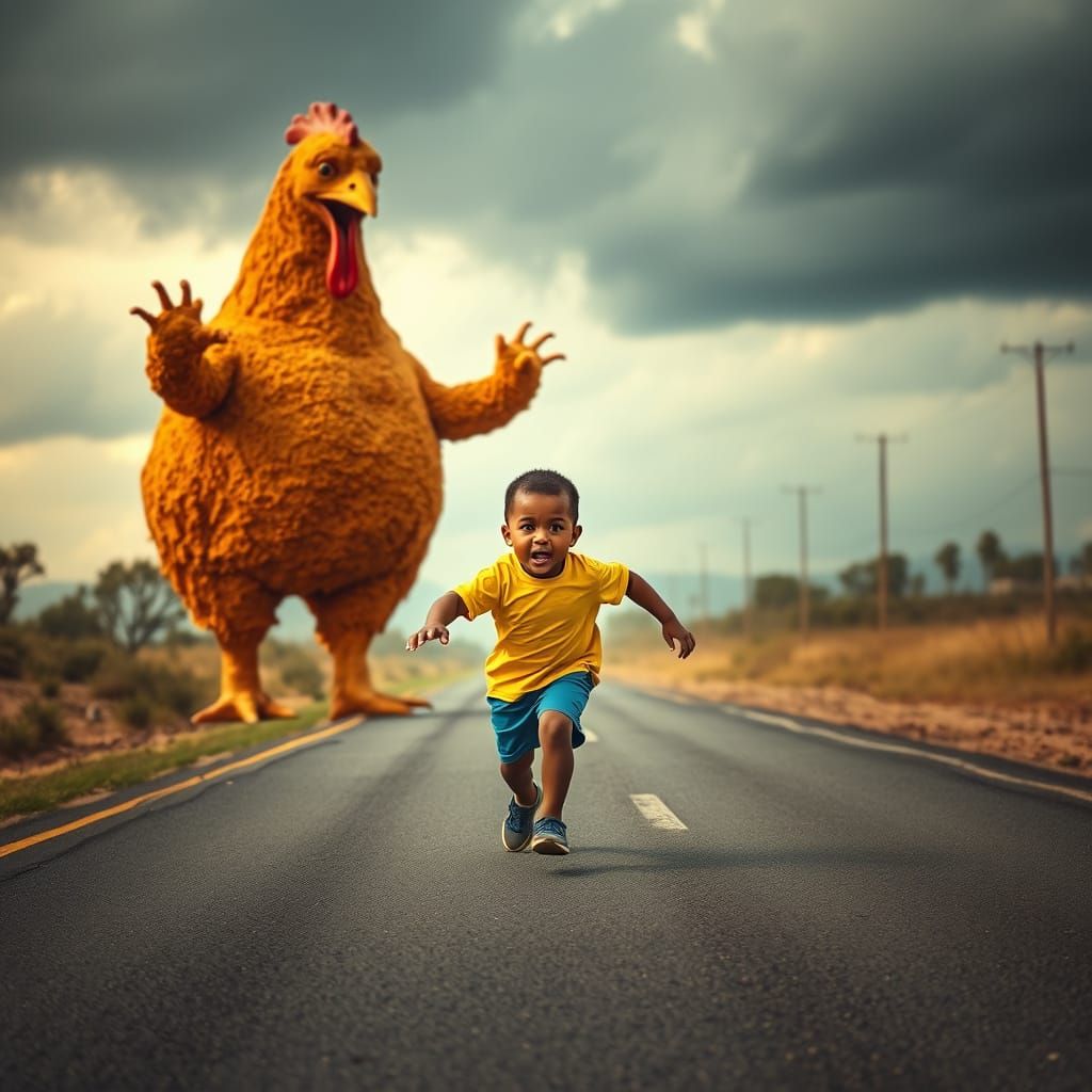 Child Fleeing Giant Fried Chicken in a Desperate B... - AI Art
