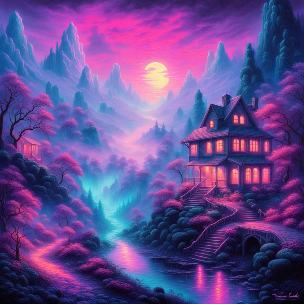 vividly illuminated fantasy world using black light art. ethereal ...