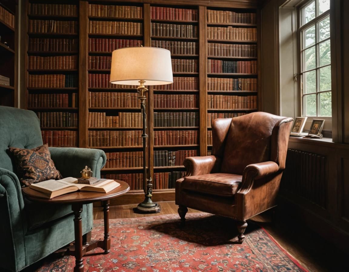 library sitting area filled with books and a small lamp - AI Generated ...