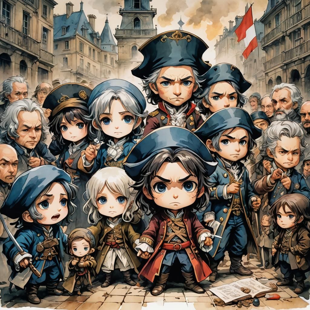 french revolution chibi characters Guillotine watercolors hyperdetailed ...