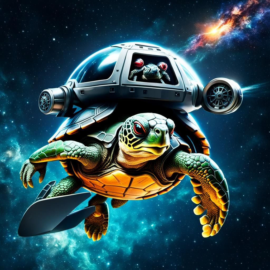 Cyborg turtle flying through space with a jet pack on its back - AI ...