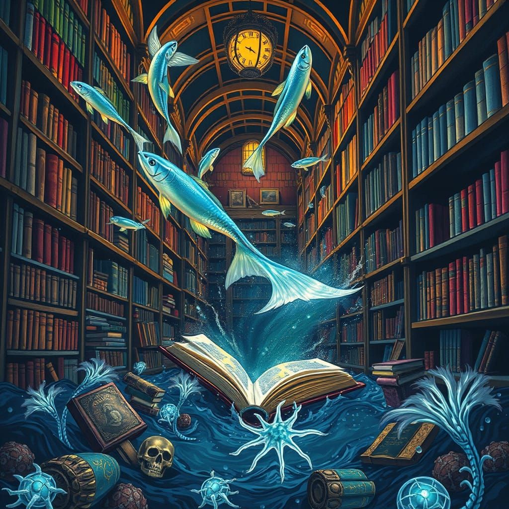 Ancient Oceanic Library Unveiled with Luminous Fis... - AI Art