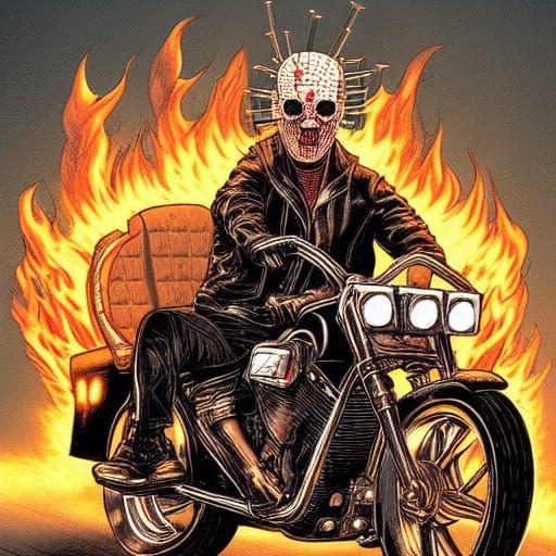 Hellraiser Pin Head riding on Ghost Rider's motorcycle while on fire ...
