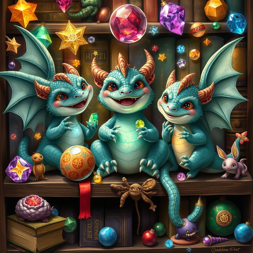 Chubby Dragons Discover Whimsical Shiny Wonders on... - AI Art