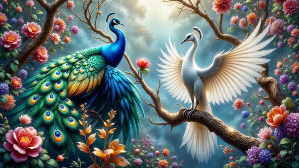 masterpiece, bokeh, peace of mind Fantastical fantasy peacocks ...