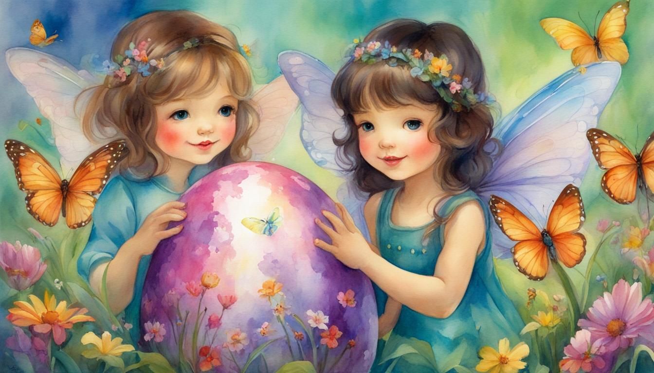 8 pictures (8/8): watercolour painting: Two little elves, a girl and a ...