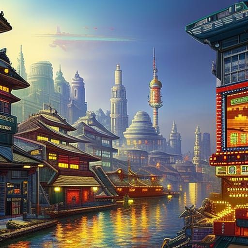 64 bit Pixel art of a City on the moon realism hyperdetailed dieselpunk ...